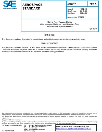 SAE AS 7207A-2024 - Spring Pins, Tubular, Slotted Corrosion and ...