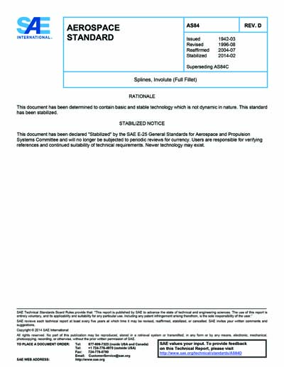 SAE AS 84D-2014 (SAE AS84D-2014) - Splines, Involute (Full Fillet ...