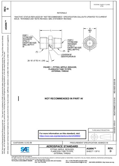 SAE AS 896D-2020 - FITTING, NIPPLE, REDUCER, FLARELESS TUBE TO PIPE ...
