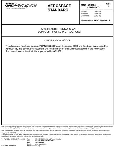 SAE AS 9000-APPNDX1A-2003 (SAE AS9000-APPNDX1A-2003) - AS9000 Audit ...