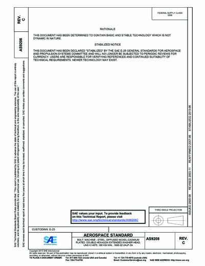 SAE AS 9208C-2015 (SAE AS9208C-2015) - BOLT, MACHINE - STEEL, DIFFUSED ...
