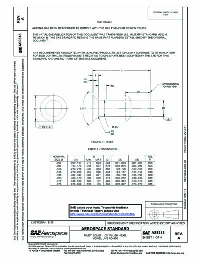 SAE AS 9318A-2006 (SAE AS9318A-2006) - Rivet, Solid - 100\mD Flush Head ...