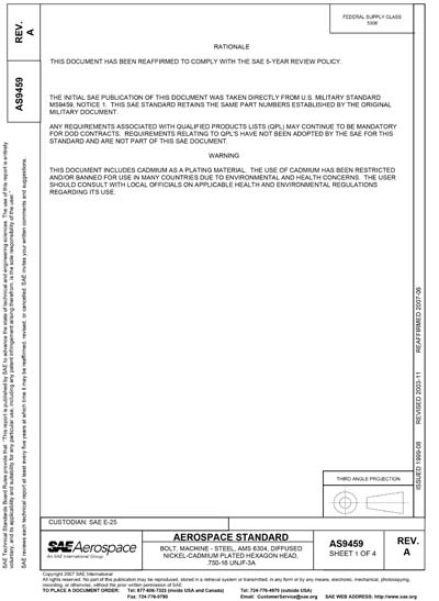 SAE AS 9459A-2003 (SAE AS9459A-2003) - Bolt, Machine-Steel, AMS 6304 ...