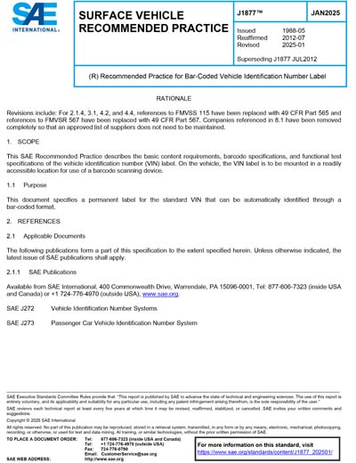 SAE J 1877-2025 - Recommended Practice for Bar-Coded Vehicle ...