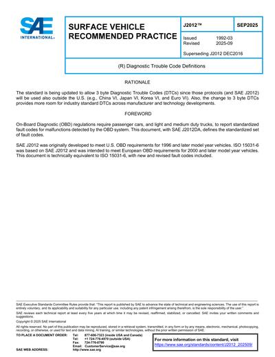 SAE J 2012-2025 - Diagnostic Trouble Code Definitions