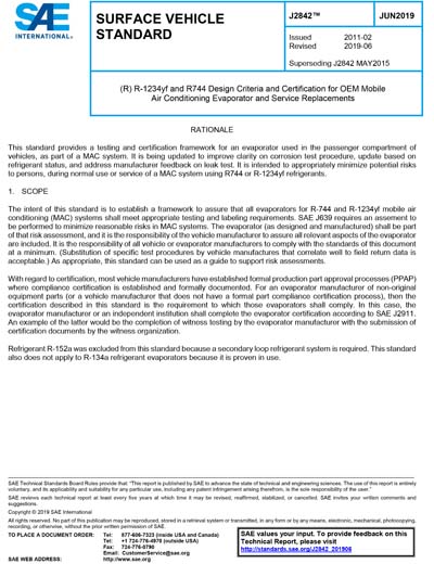 SAE J 2842-2019 - R-1234yf and R744 Design Criteria and Certification ...