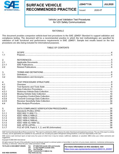 SAE J 2945-1A-2020 - Vehicle Level Validation Test Procedures for V2V ...