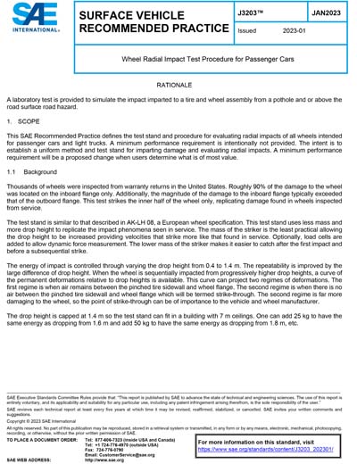 SAE J 3203-2023 - Wheel Radial Impact Test Procedure for Passenger Cars