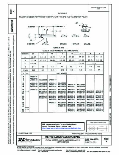 SAE MA 3259A-2004 (SAE MA3259A-2004) - Pin, Cotter - CRES, UNS S32100 ...