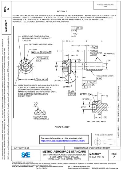 SAE MA 3368A-2021 - BOLT, MACHINE-SPLINE EXTENDED WASHER, PD SHANK ...