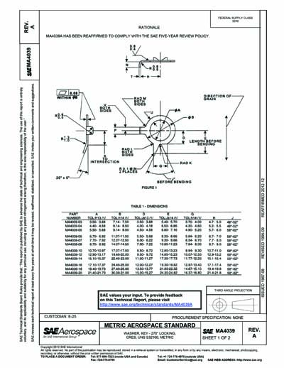 SAE MA 4039A-1995 (SAE MA4039A-1995) - Washer, Key - 270 degree Locking ...