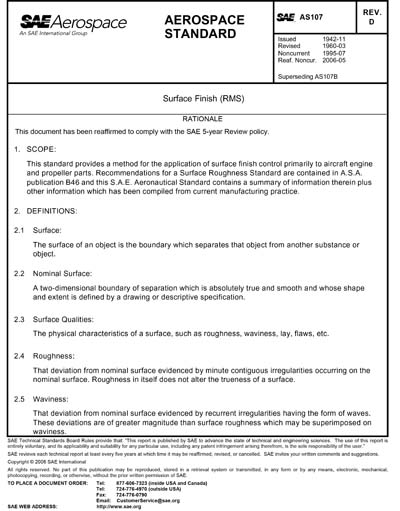 SAE AS 107D-1960 (SAE AS107D-1960) - Surface Finish (RMS) ( Reaffirmed ...