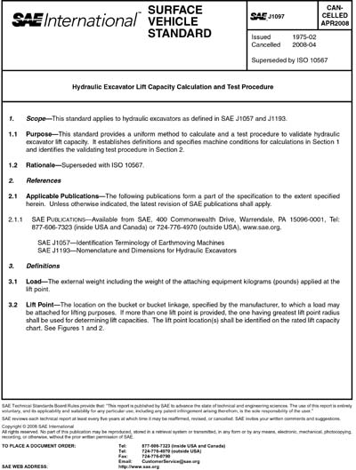 SAE J 1097-2005 (SAE J1097-2005) - Hydraulic Excavator Lift Capacity ...