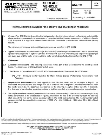 SAE J 1153-1991 (SAE J1153-1991) - Hydraulic Master Cylinders for Motor ...
