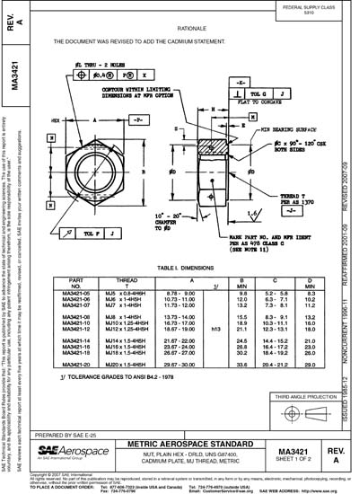 SAE MA 3421A-2007 (SAE MA3421A-2007) - Nut, Plain Hex-DRLD, UNS G87400 ...