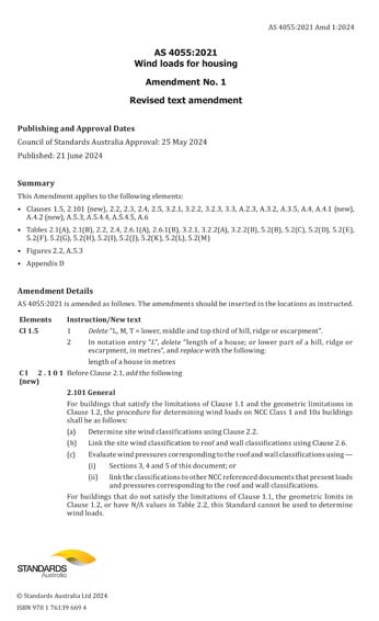 AS 4055:2021/Amdt 1:2024 - Wind loads for housing (FOREIGN STANDARD)