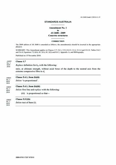 AS 3600-2009/Amdt 1-2010 - Concrete structures (FOREIGN STANDARD)
