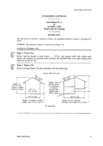 AS 4055-1992/Amdt 1-1994 - Wind loads for housing (FOREIGN STANDARD)