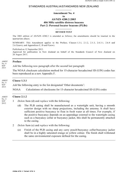 AS/NZS 4280.2:2003/Amdt 4:2013 - 406 MHz satellite distress beacons ...