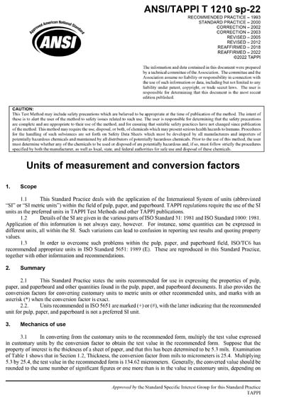 ANSI/TAPPI T 1210 sp-22 - Units of measurement and conversion factors