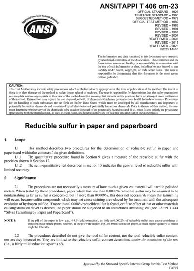 ANSI/TAPPI T 406 om-23 - Reducible sulfur in paper and paperboard
