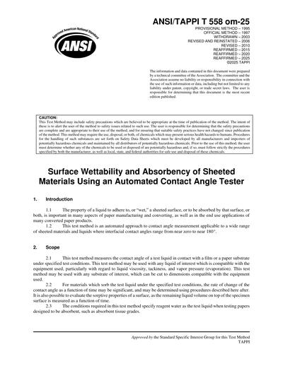 ANSI/TAPPI T 558 om-25 - Surface wettability and absorbency of sheeted ...