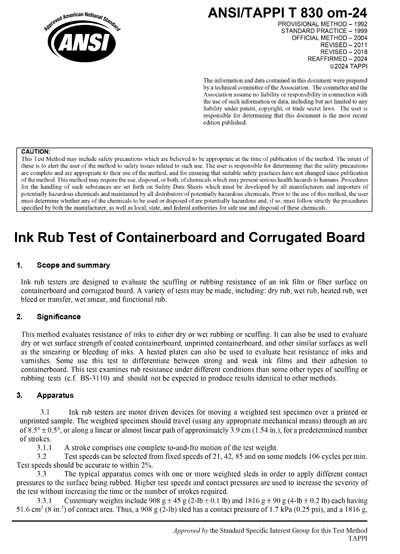 ANSI/TAPPI T 830 om-24 - Ink rub test of container board