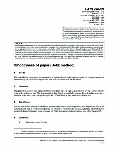 T 479 cm-09 - Smoothness of paper (Bekk method)