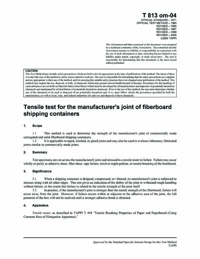 T 813 - Tensile test for the manufacturer's joint of fiberboard ...