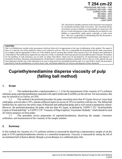 TAPPI T 254 cm-22:2022 - Cupriethylenediamine disperse viscosity of ...