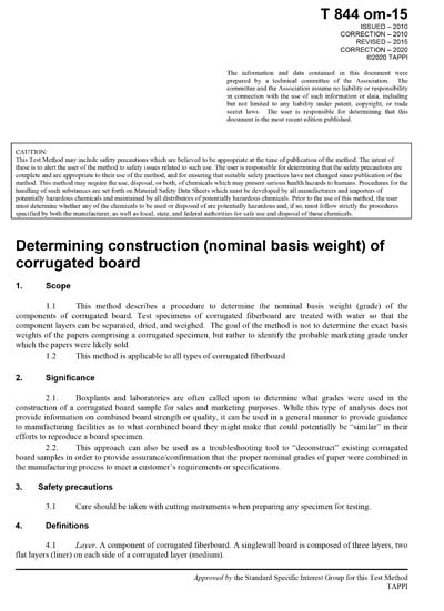 TAPPI T 844 om-2020 - Determining construction (nominal basis weight ...