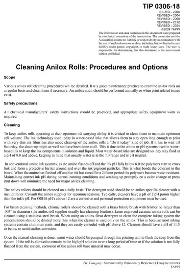 TAPPI TIP 0306-18:2024 - Cleaning anilox rolls: procedures and options