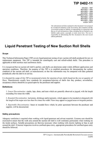 TAPPI TIP 0402-11:2024 - Liquid penetrant testing of new suction roll ...