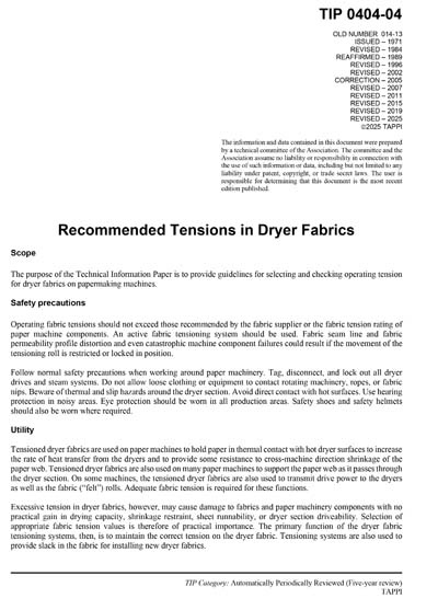 TAPPI TIP 0404-04:2024 - Recommended tensions in dryer fabrics
