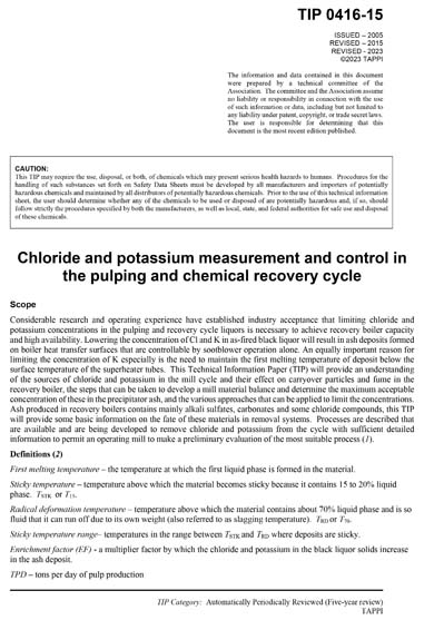 TAPPI TIP 0416-15:2022 - Chloride and potassium measurement and control ...