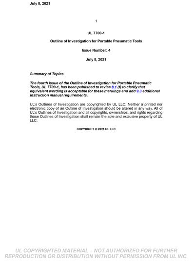 UL 7700-1 Ed. 4-2021 - Outline of Investigation for Portable Pneumatic ...